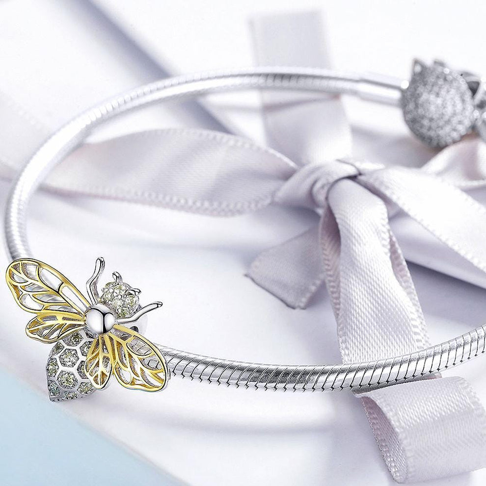 925 Signature Silver Faint Yellow Bee CZ Platinum Charm