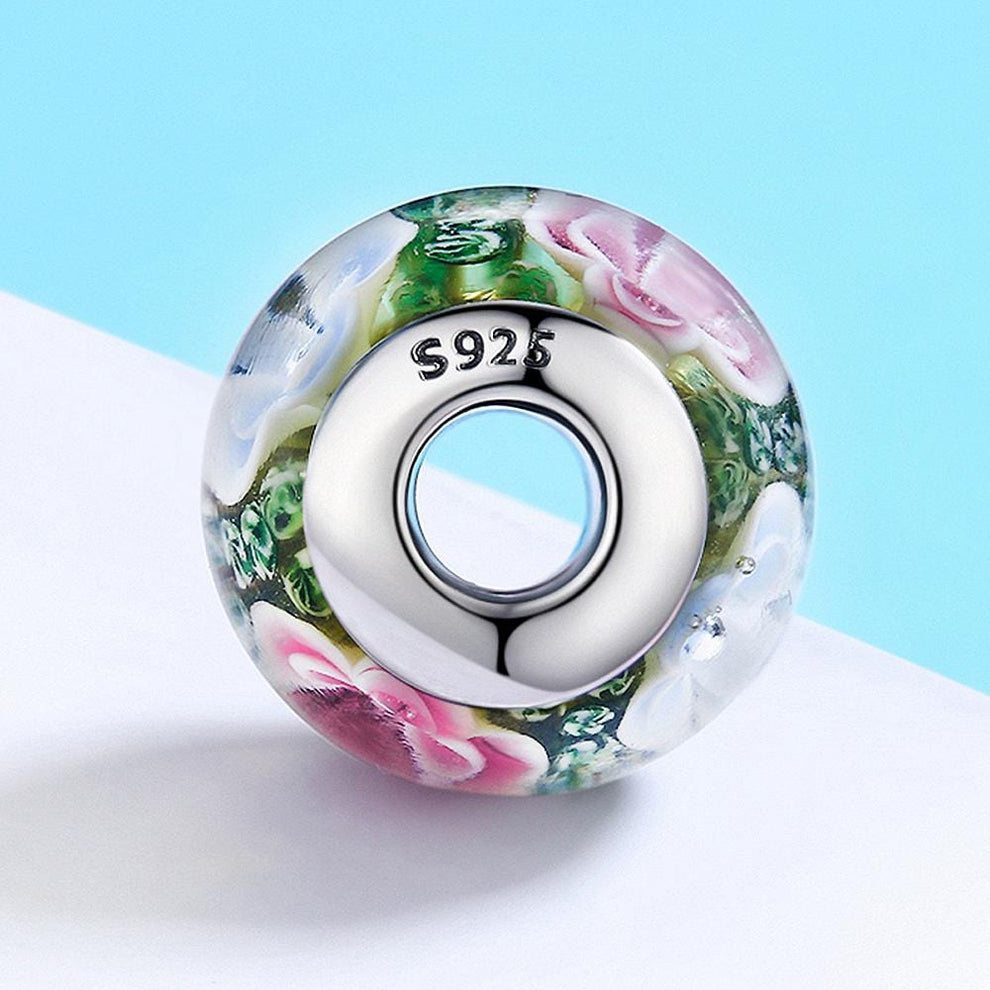 925 Signature Silver Pink and Light Blue Blossom Inclusion Green Murano ...